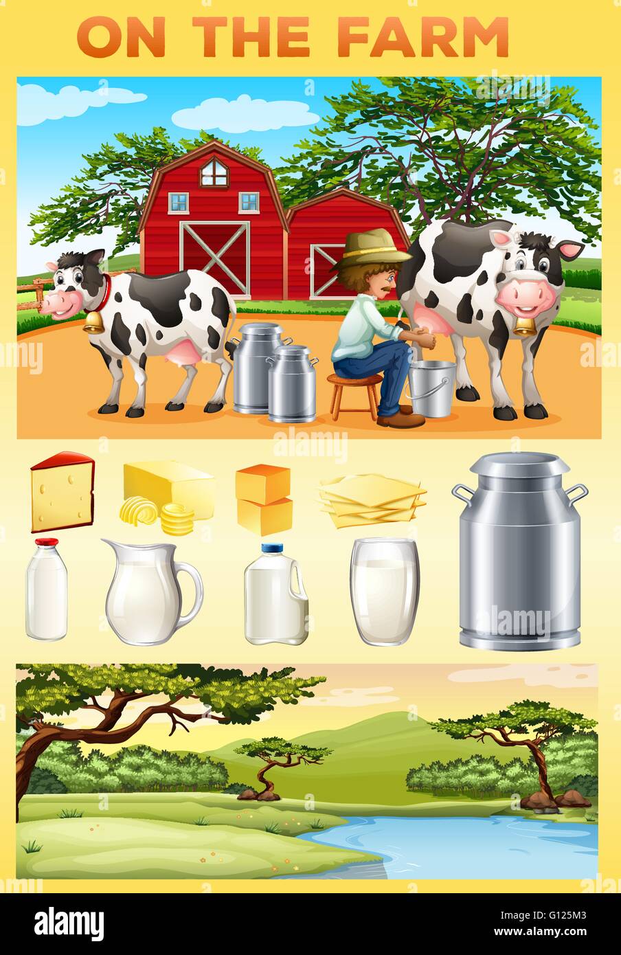 Farm theme with farmer and dairy products illustration Stock Vector ...