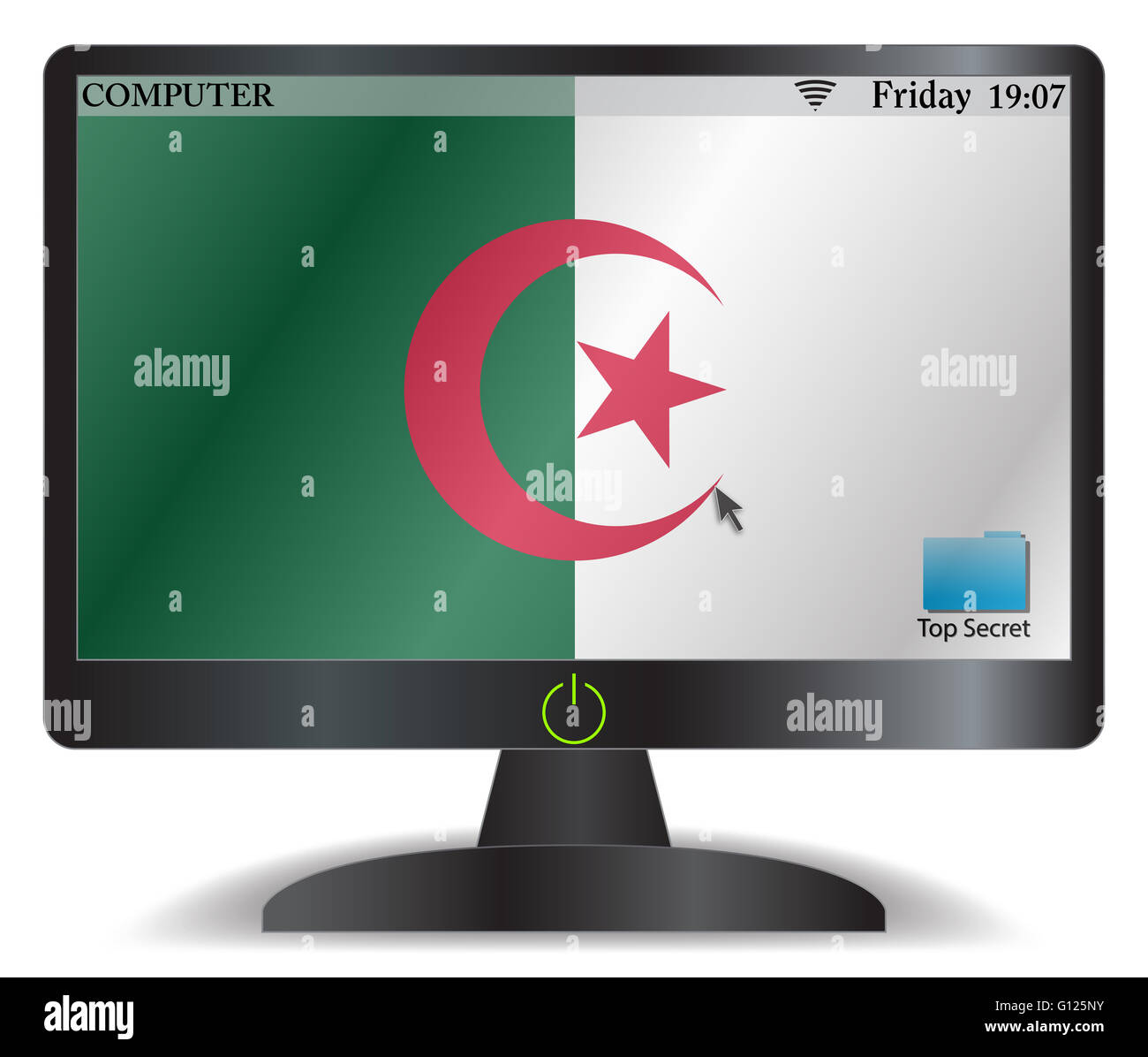 An Algeria computer screen with an on button isolated on a white ...
