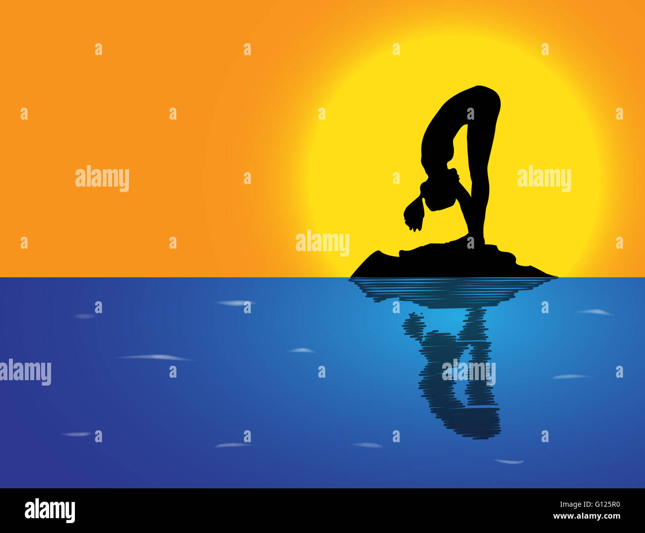 A woman silhouette performing forward bend pose on a rock in the sea ...