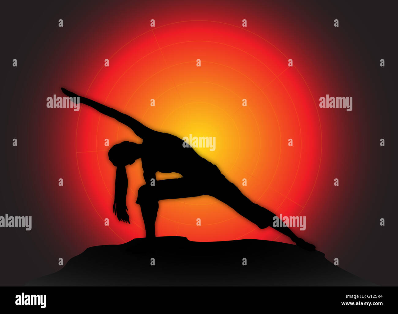 A yoga woman silhouette performing extended angle pose on a dark ...