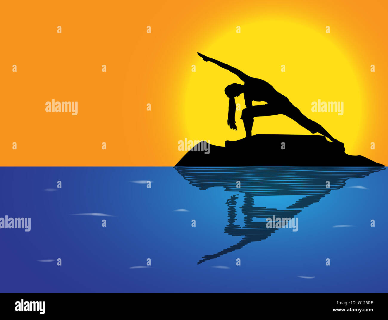 A woman silhouette performing extended angle pose on a rock in the sea ...
