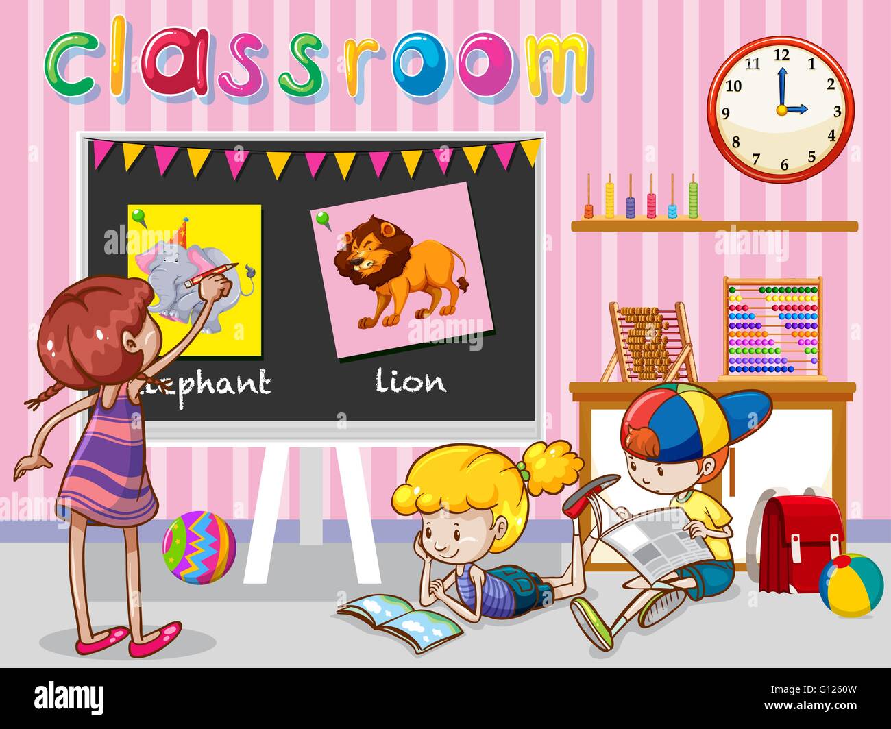 Children reading and painting in classroom illustration Stock Vector ...