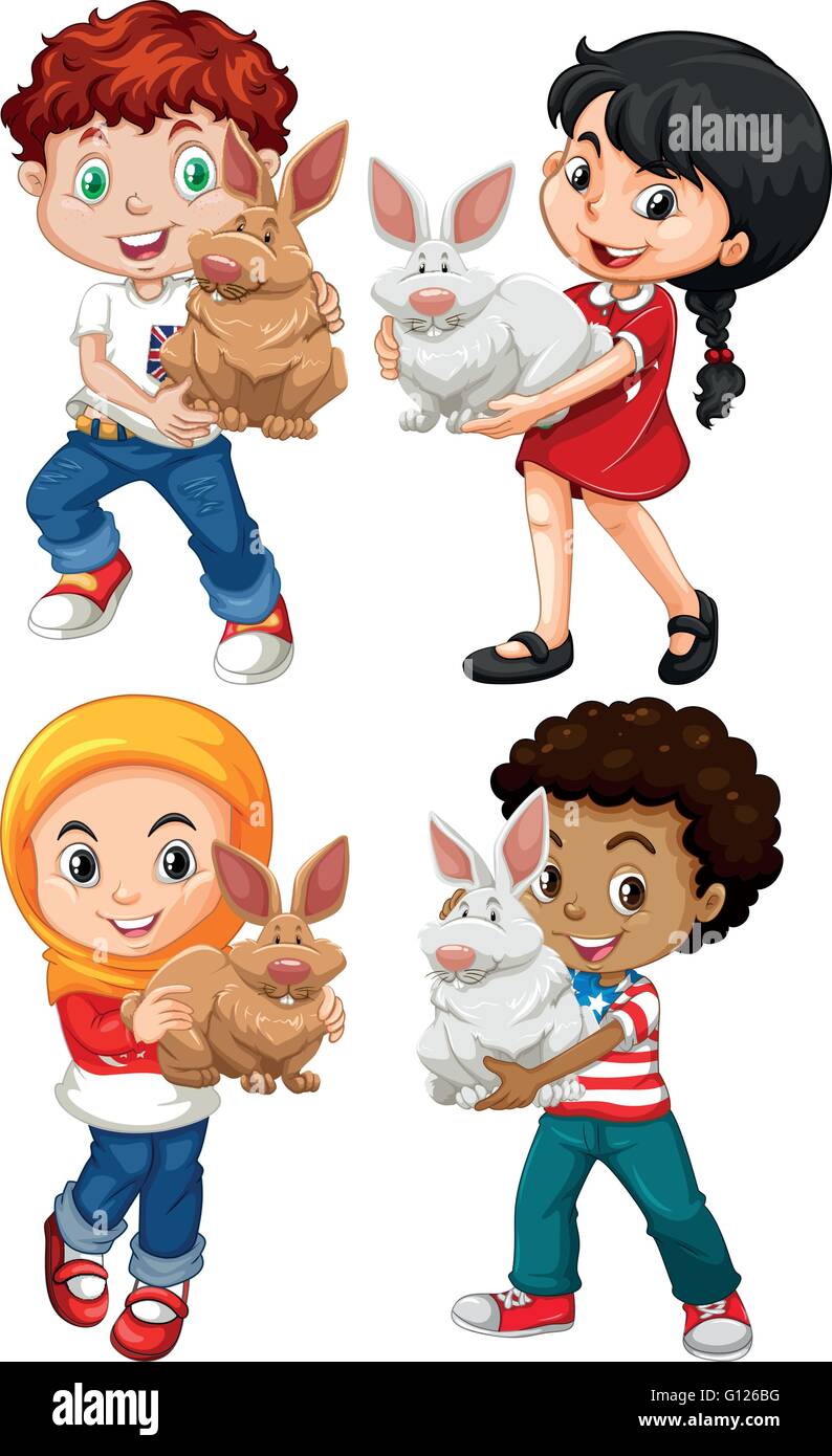 Children hugging cute rabbits illustration Stock Vector Image & Art - Alamy