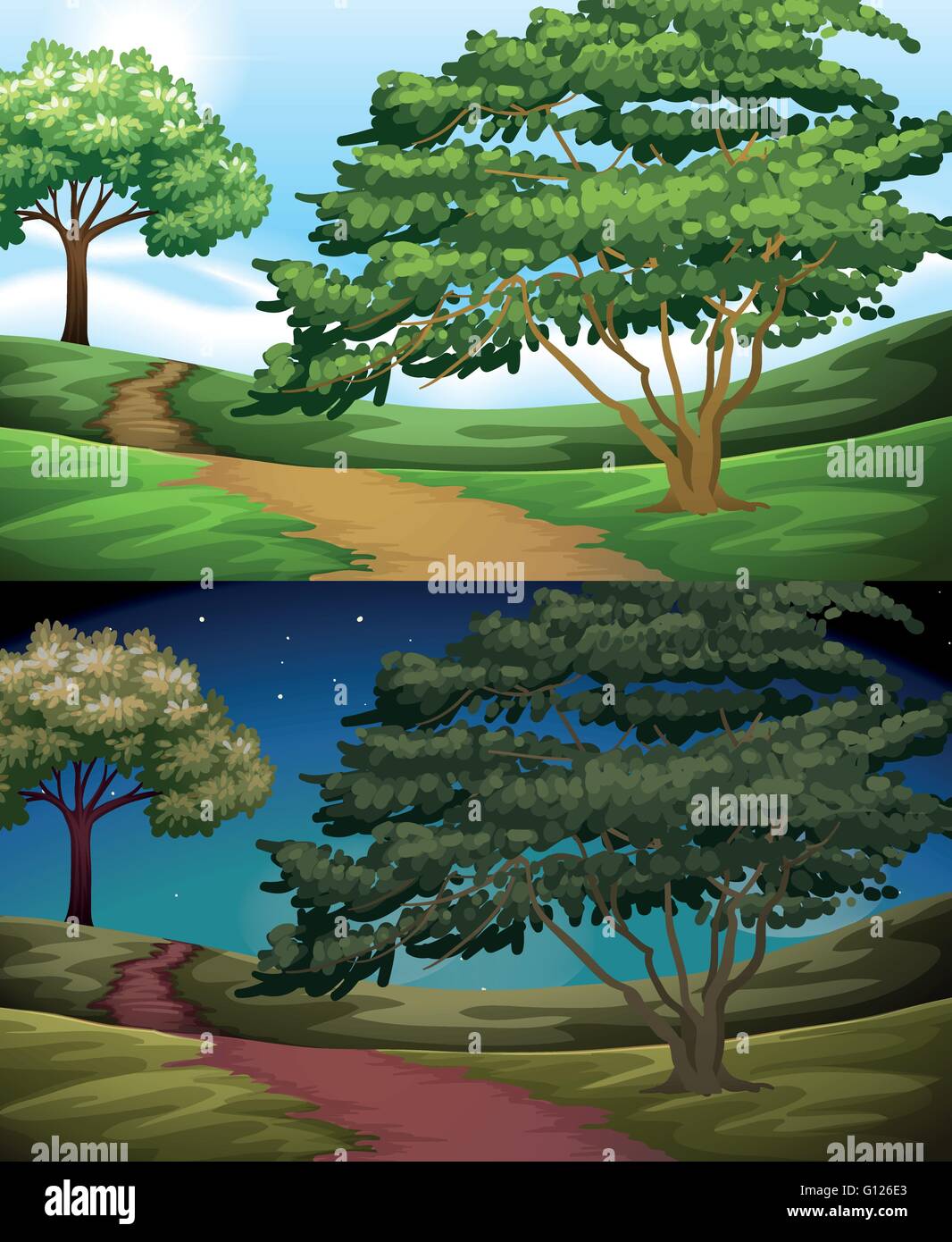 Nature scene of the countryside at day and night illustration Stock ...