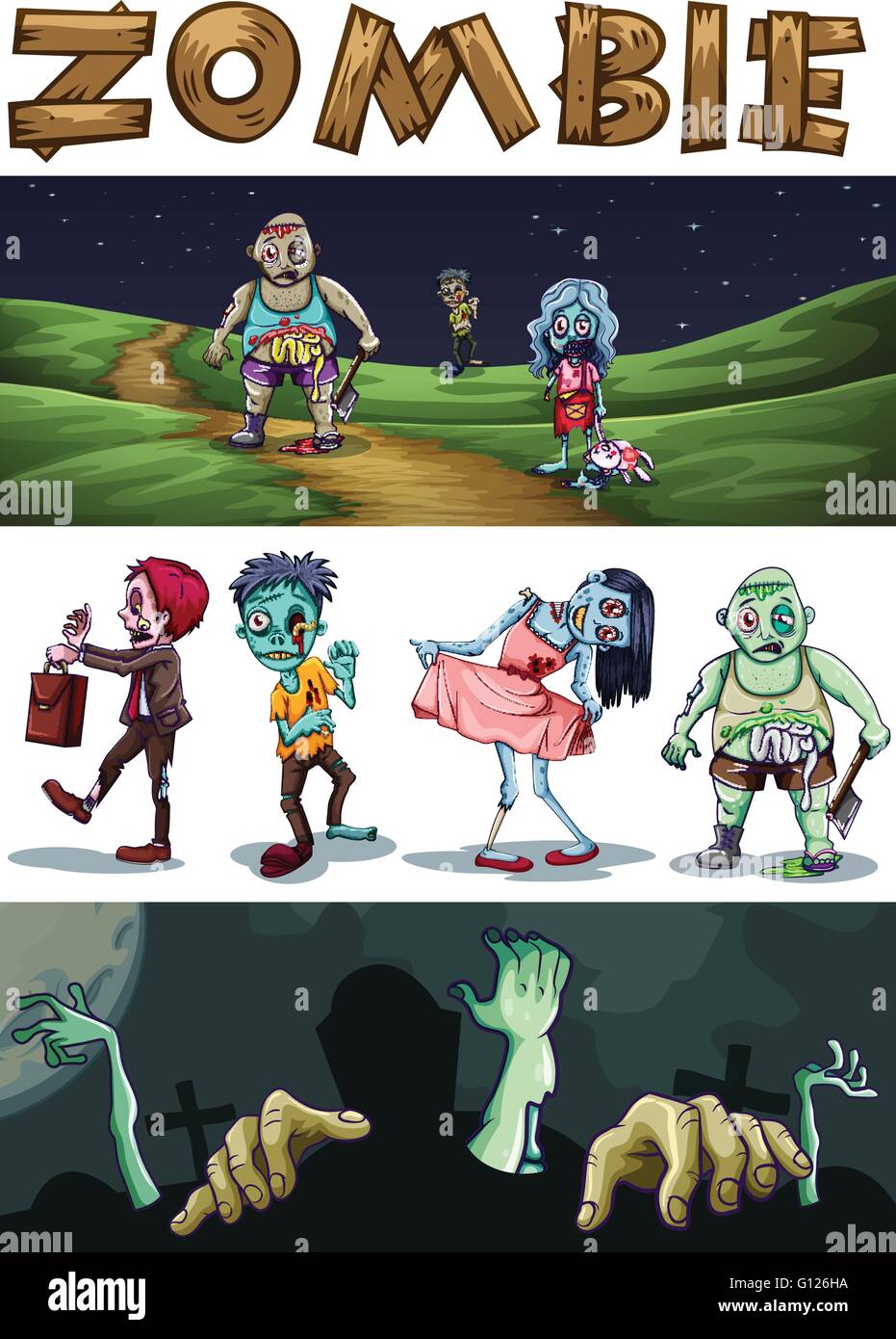 Zombie theme with zombies walking in the park at night illustration ...