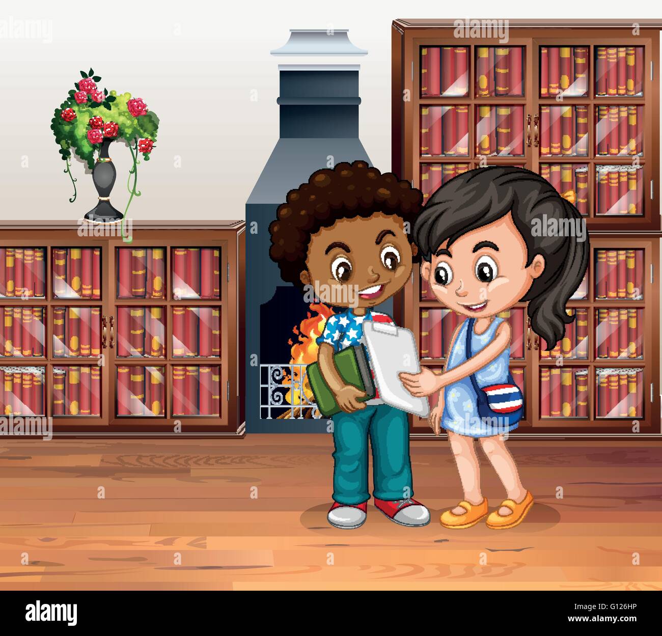 Children working in the library illustration Stock Vector Image & Art ...
