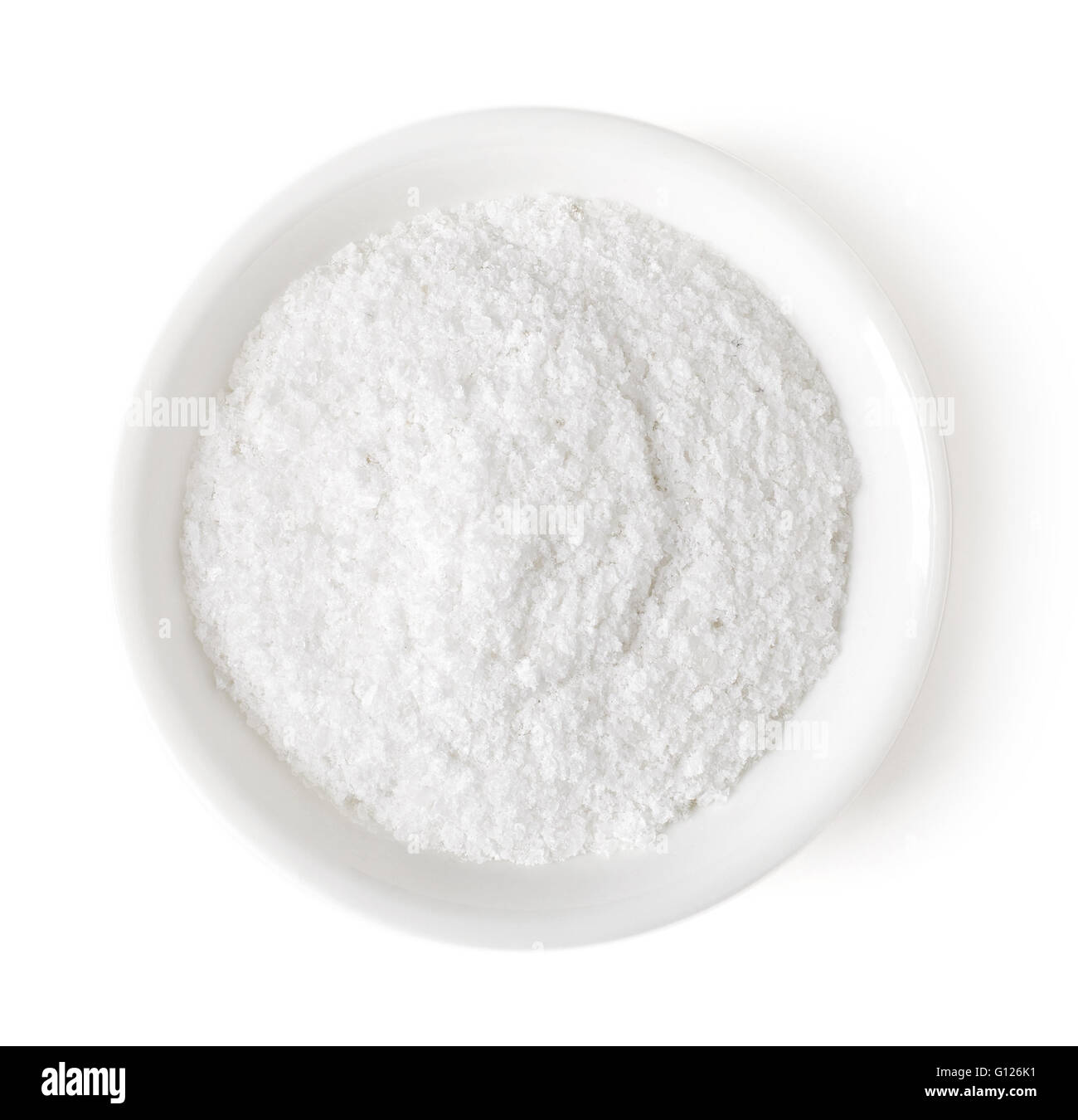 Bowl of white table salt isolated on white background, top view Stock ...