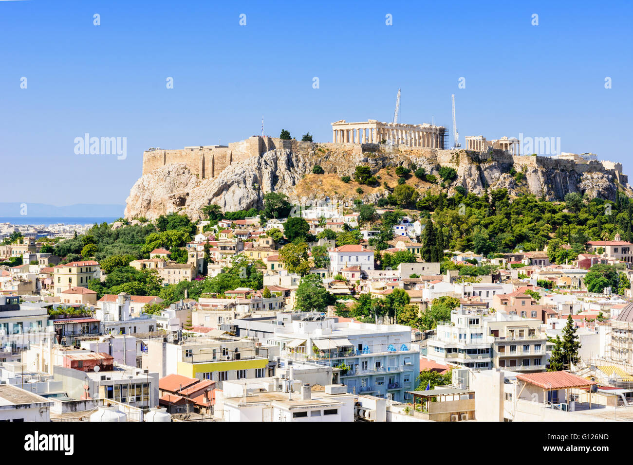 The Acropolis and city of Athens with the Aegean Sea on the horizon ...