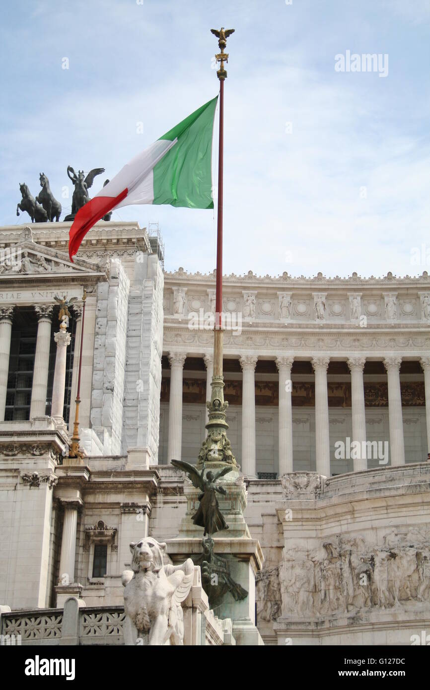 Italian flag flying in the wind in front of The Altare della Patria ...