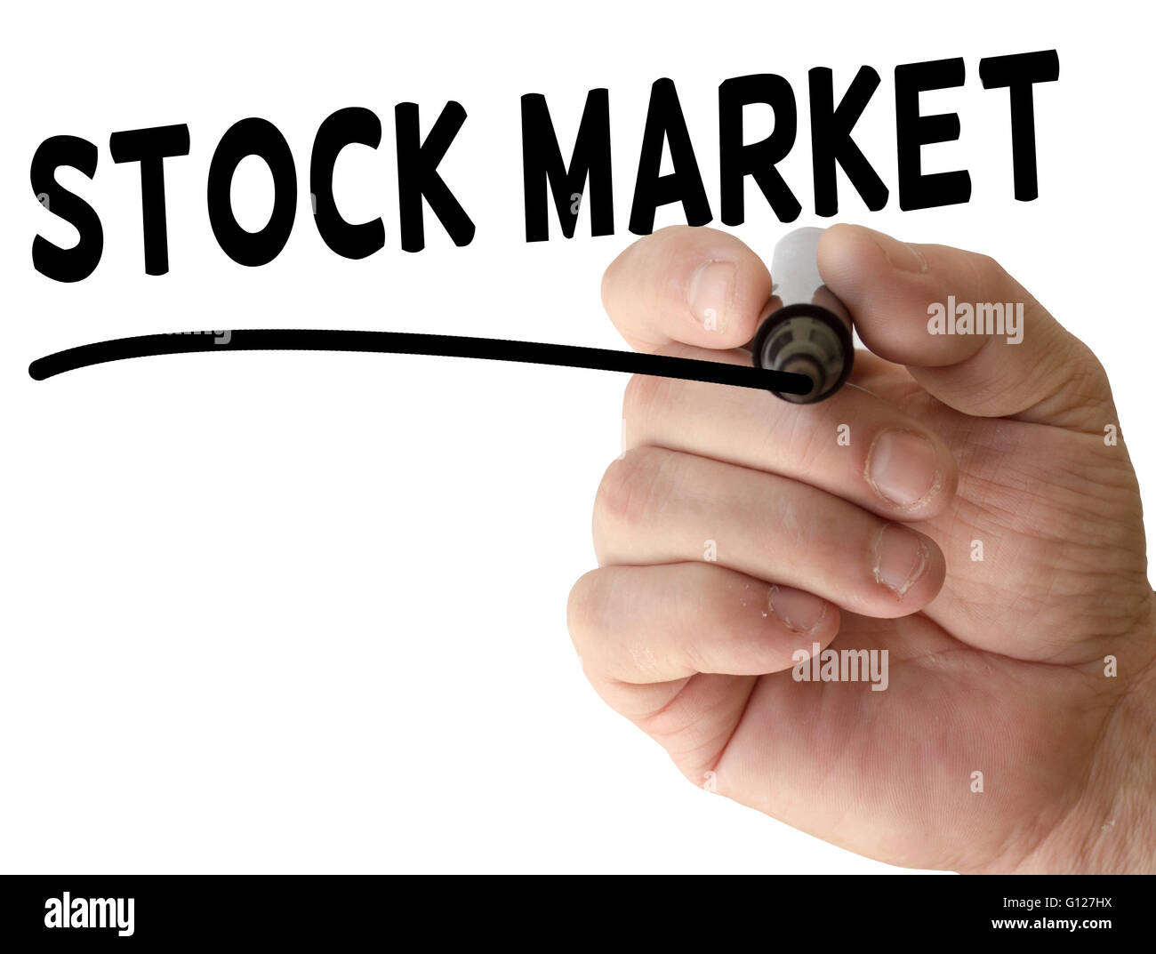 Hand writing stock market with black marker on transparent wipe board ...