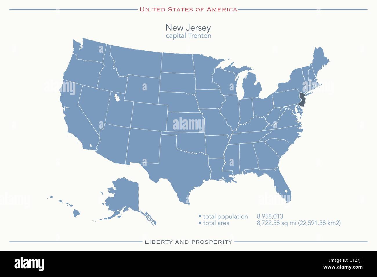 United States of America isolated map and New Jersey State territory ...