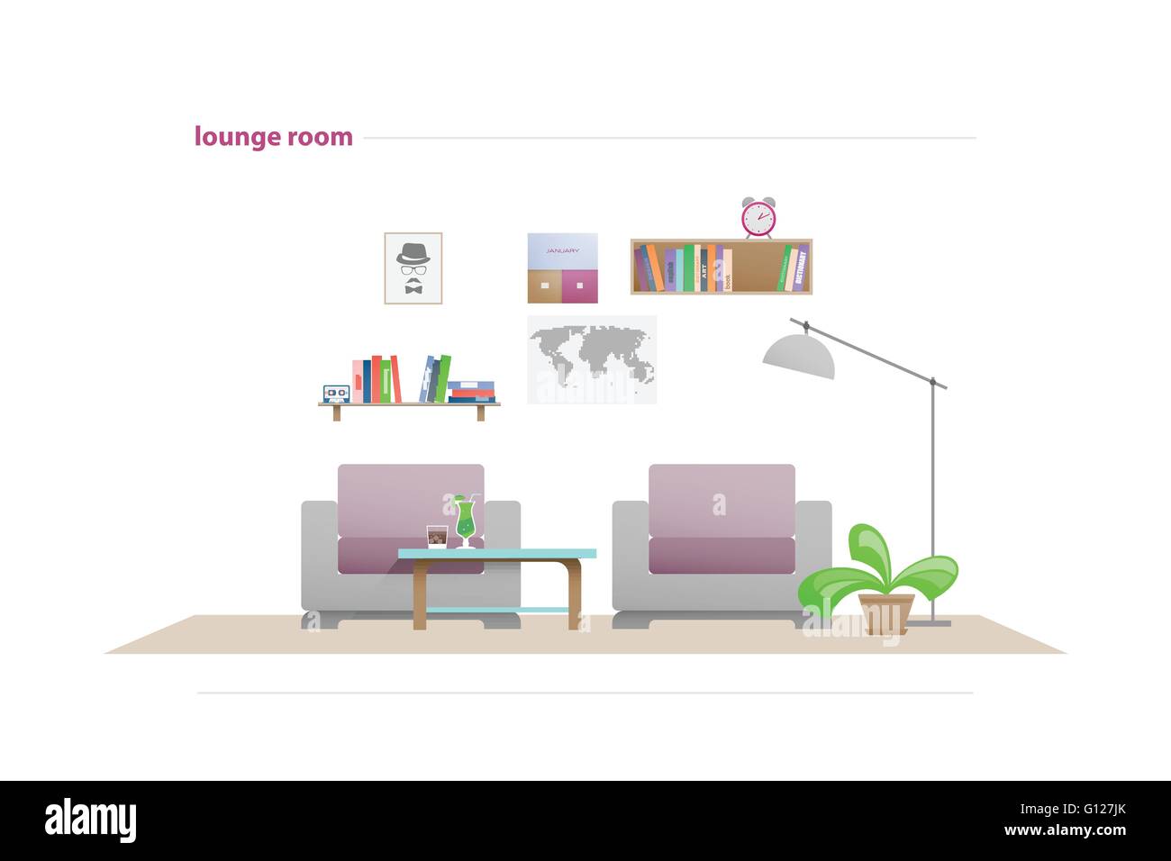 contemporary lounge room with furniture isolated on white background ...