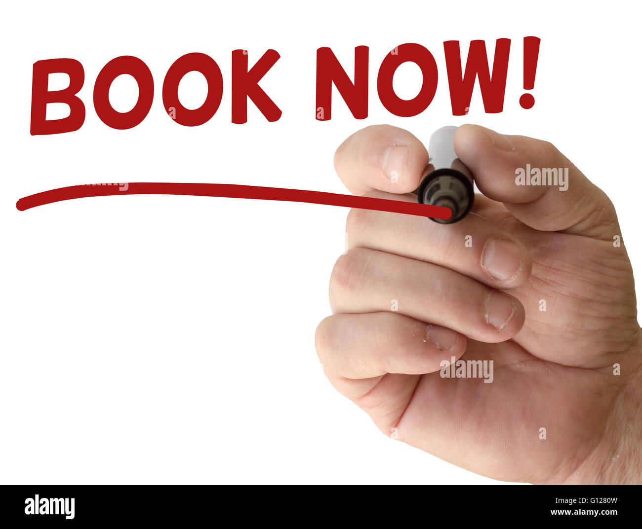 Hand writing book now with red marker on transparent wipe board Stock ...