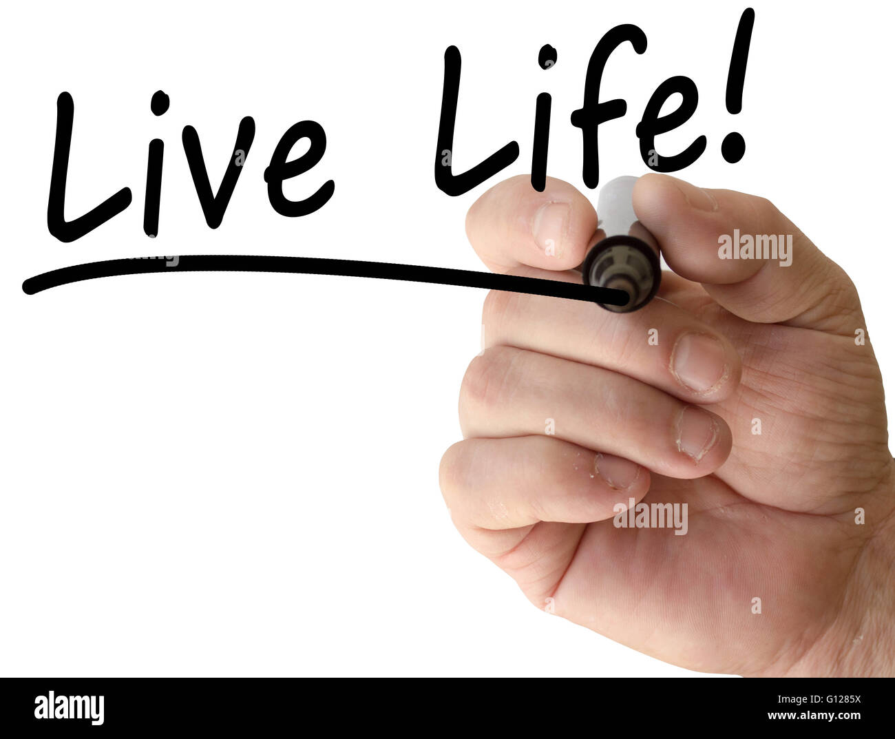 Hand writing live life with black marker on transparent wipe board ...