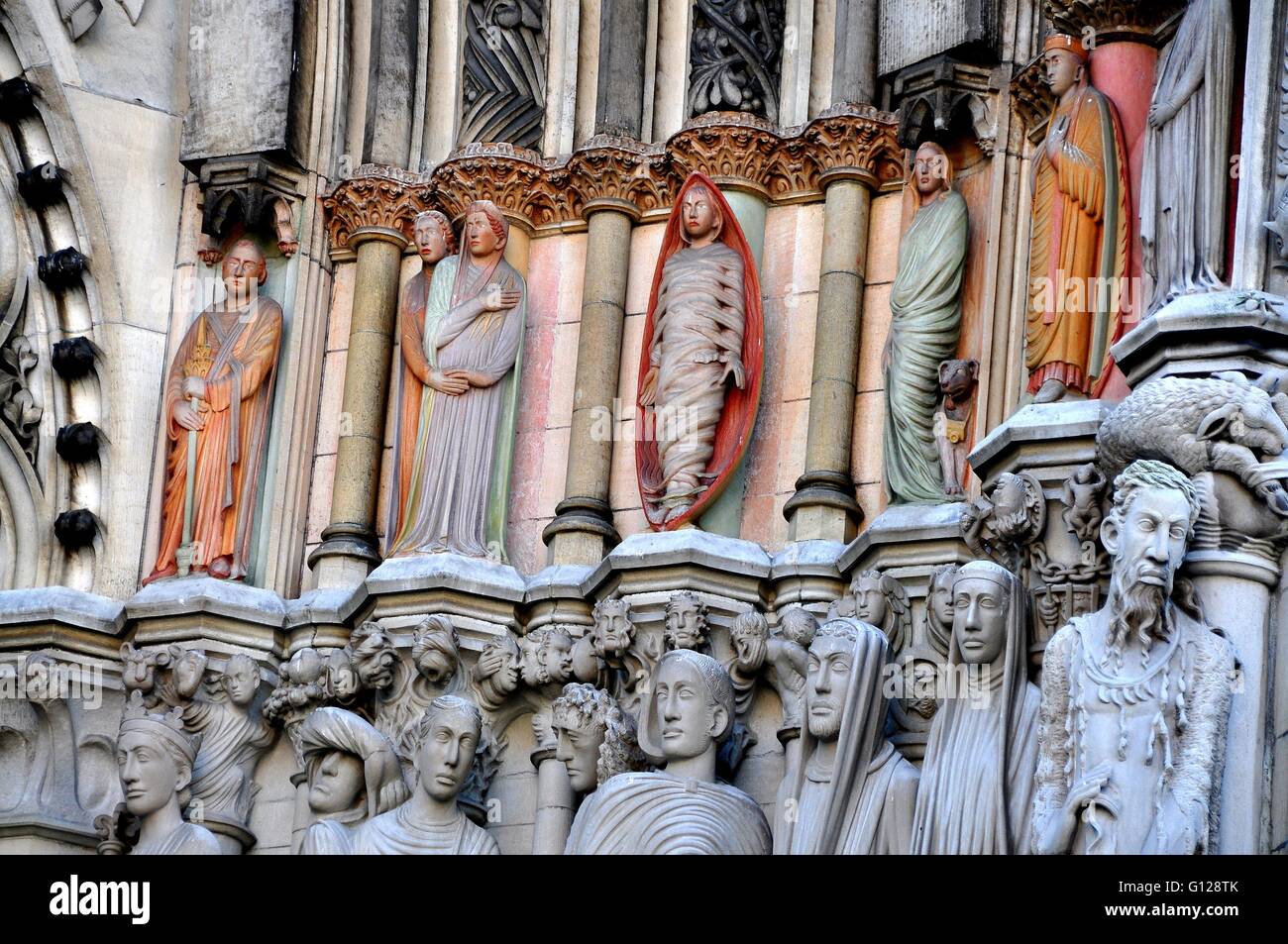 New York City: Statues adorn the west front entrance doorways at the ...