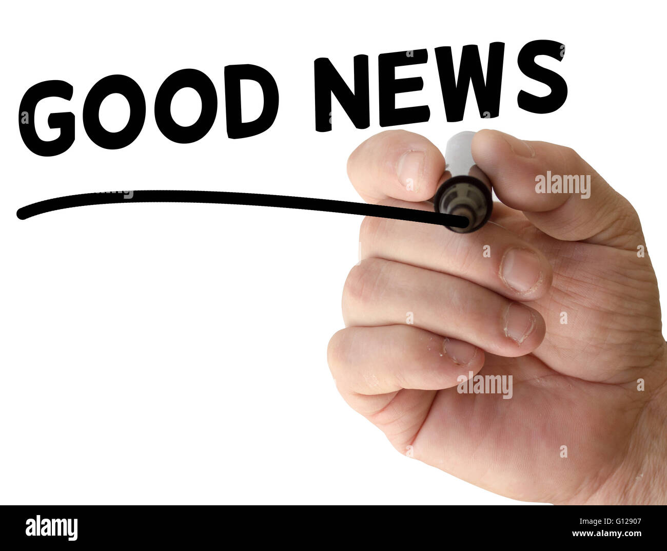 Hand writing good news with black marker on transparent wipe board ...