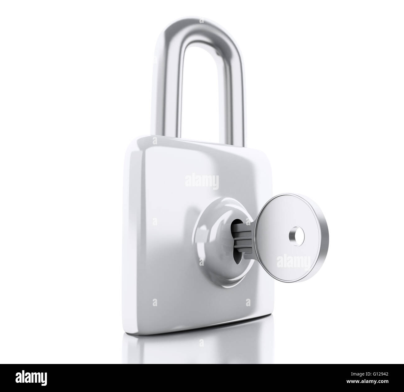 3d renderer image. Padlock with key. Security concept. Isolated white ...