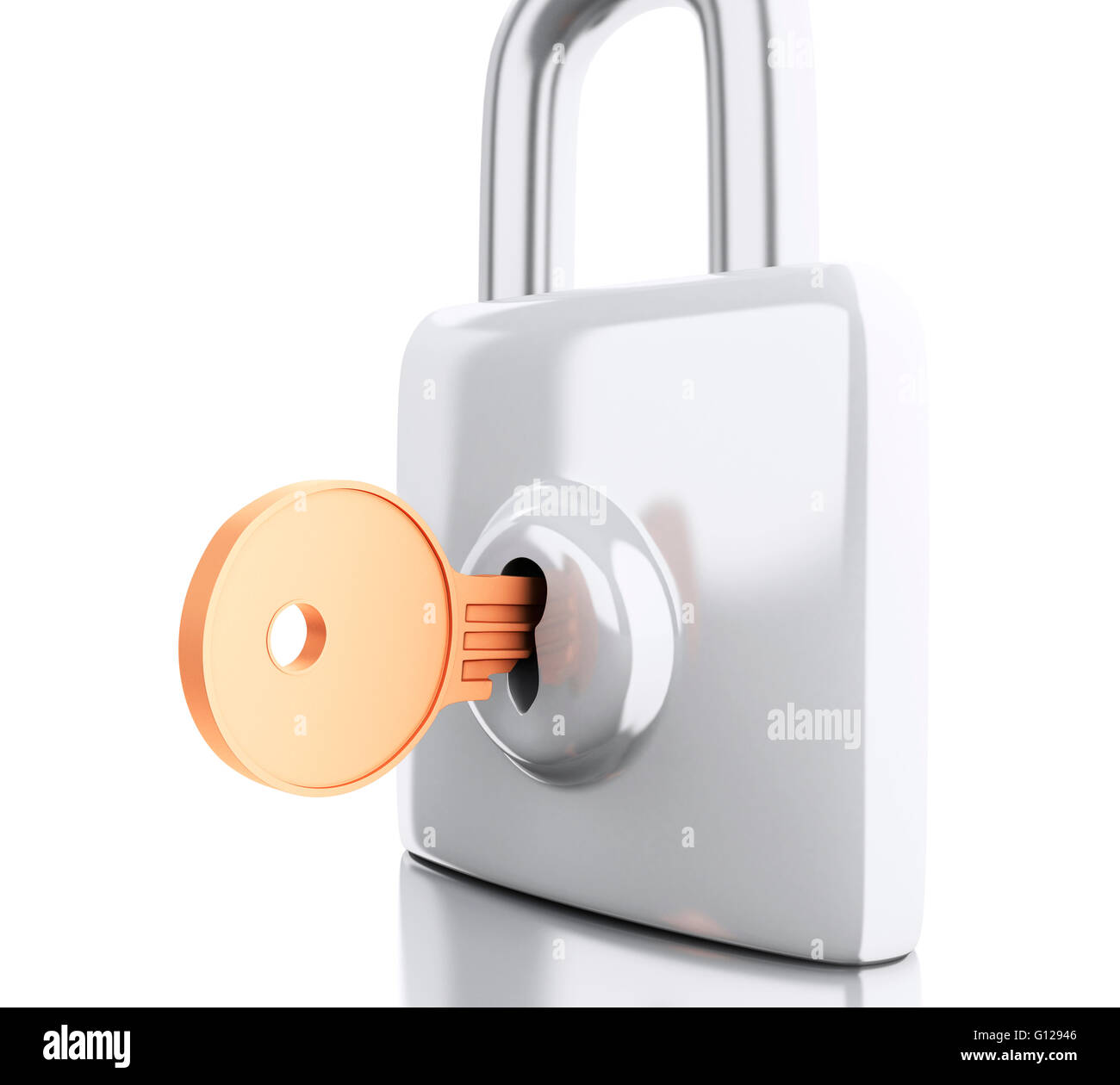 3d renderer image. Padlock with key. Security concept. Isolated white ...