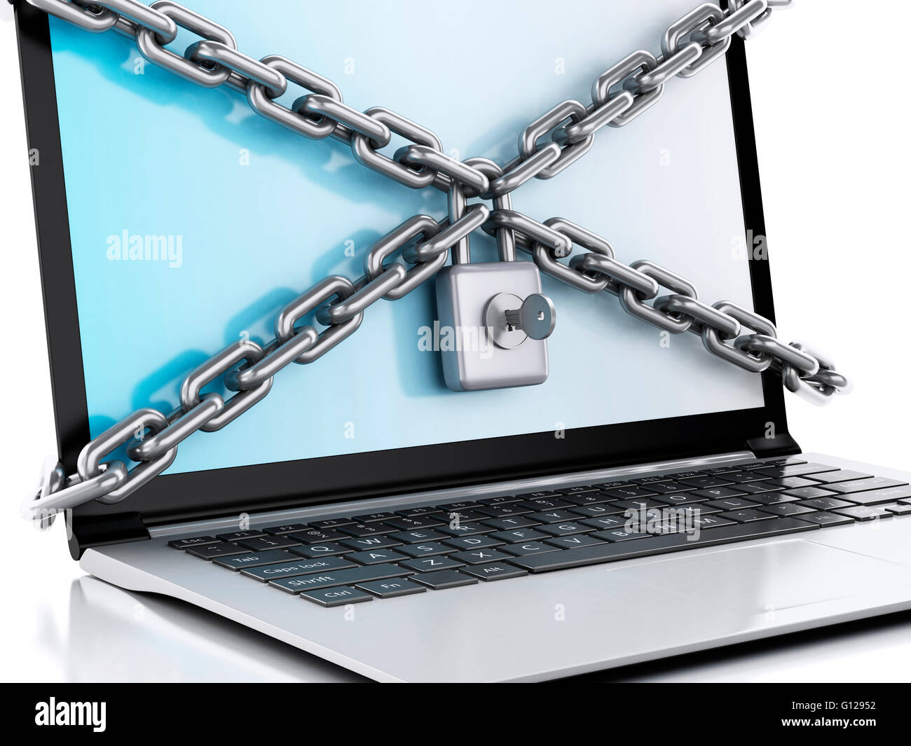 3d renderer image. Laptop locked by padlock. Security concept. Isolated ...
