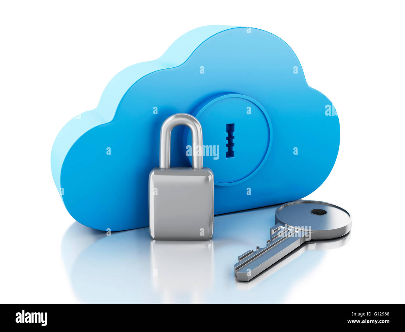 3d renderer image. Cloud with padlock and key. Cloud computing concept ...