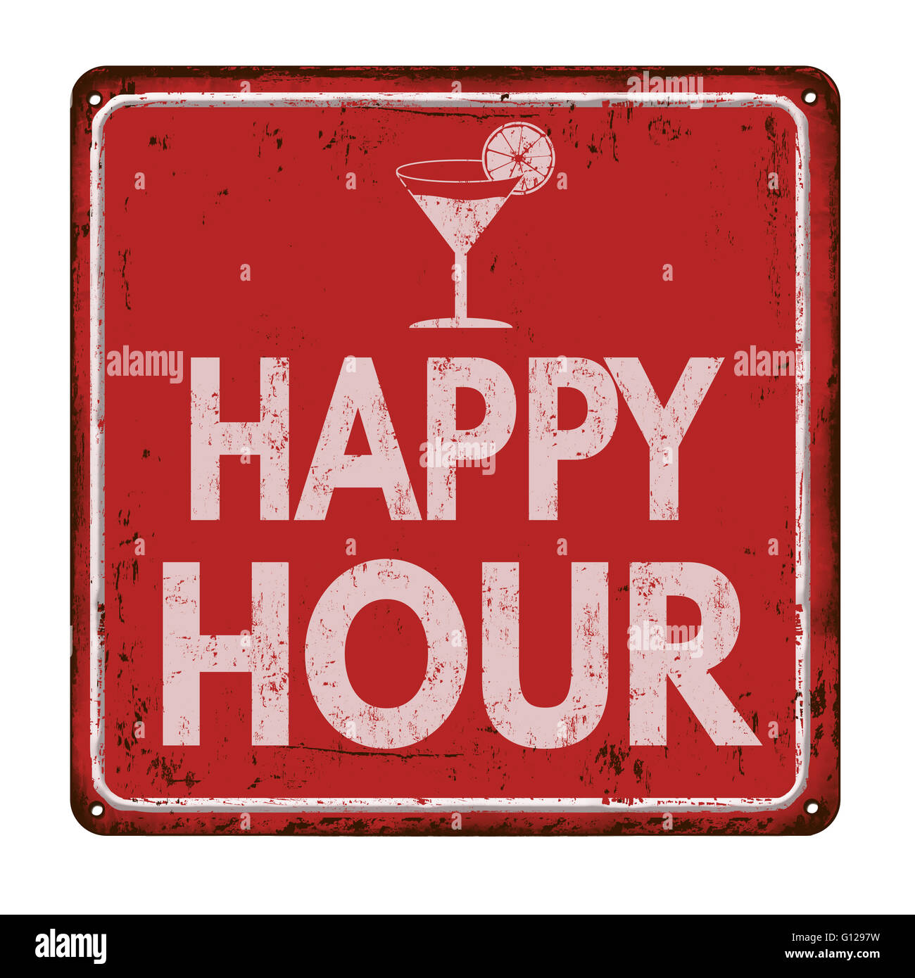 Happy hour on red vintage rusty metal sign on a white background ...
