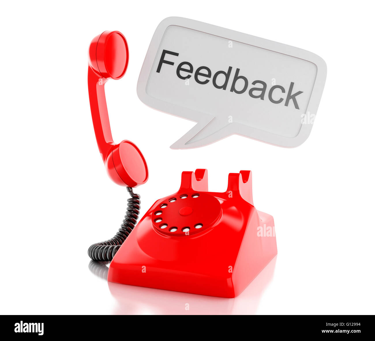 3d renderer image. Red telephone and speech bubble with word feedback ...