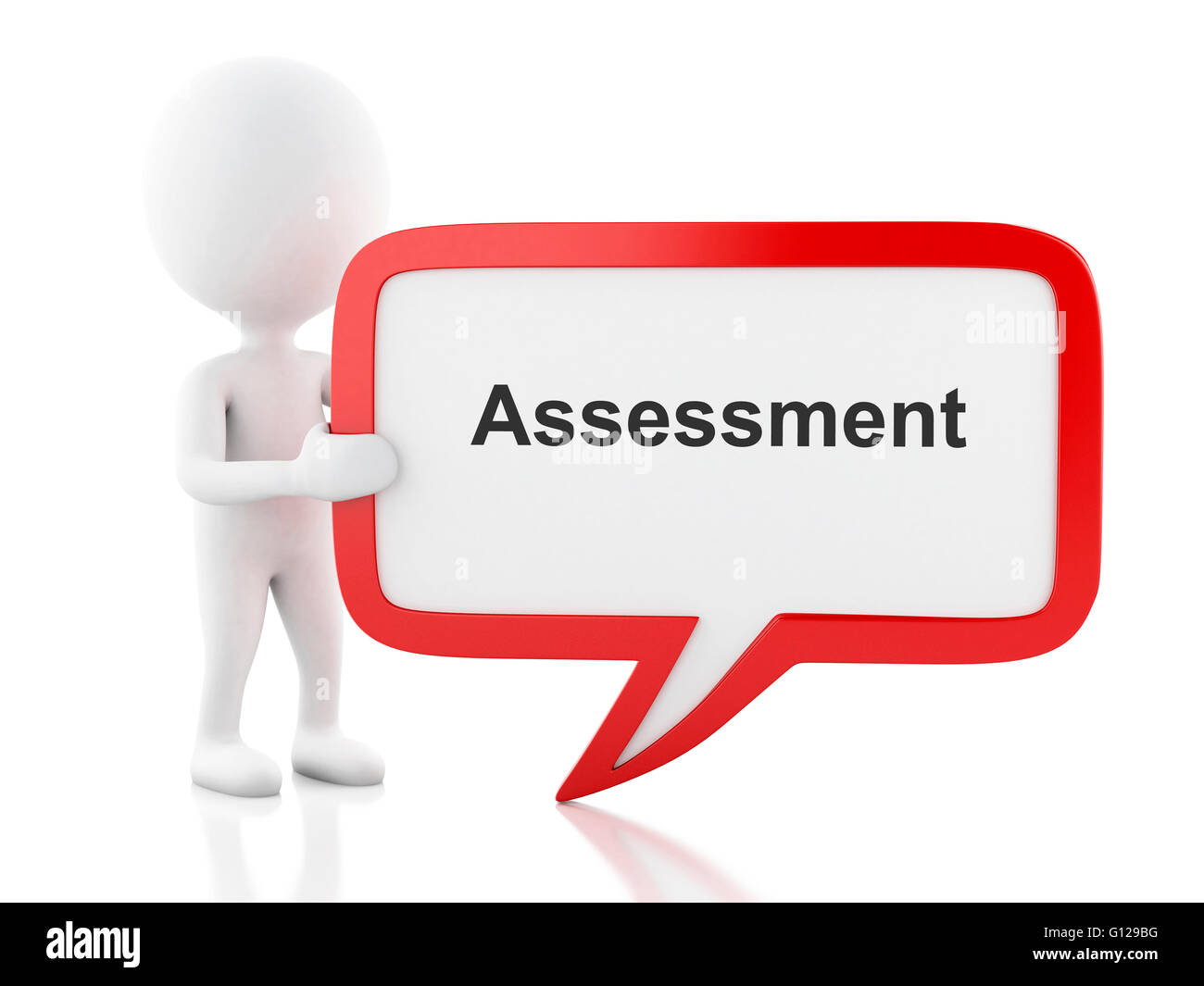 3d renderer image. White people with speech bubble that says assessment ...