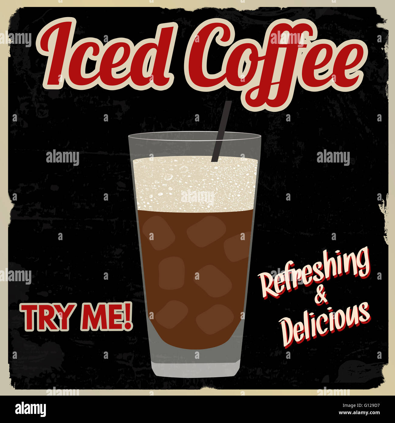 Iced coffee vintage grunge poster on black background, vector ...