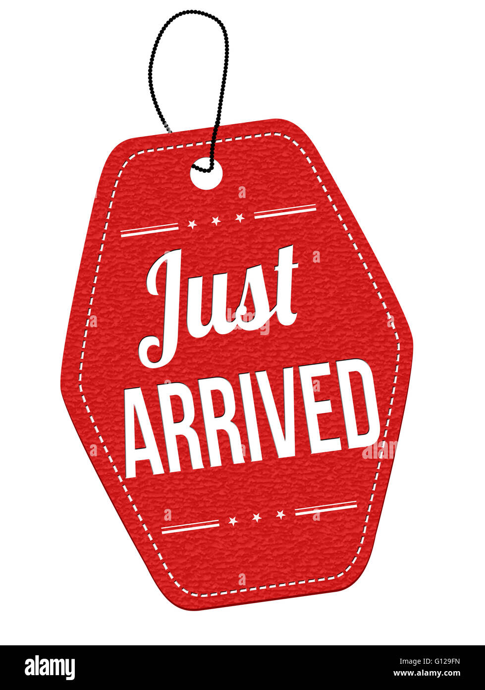 Just arrived red leather label or price tag on white background, vector ...