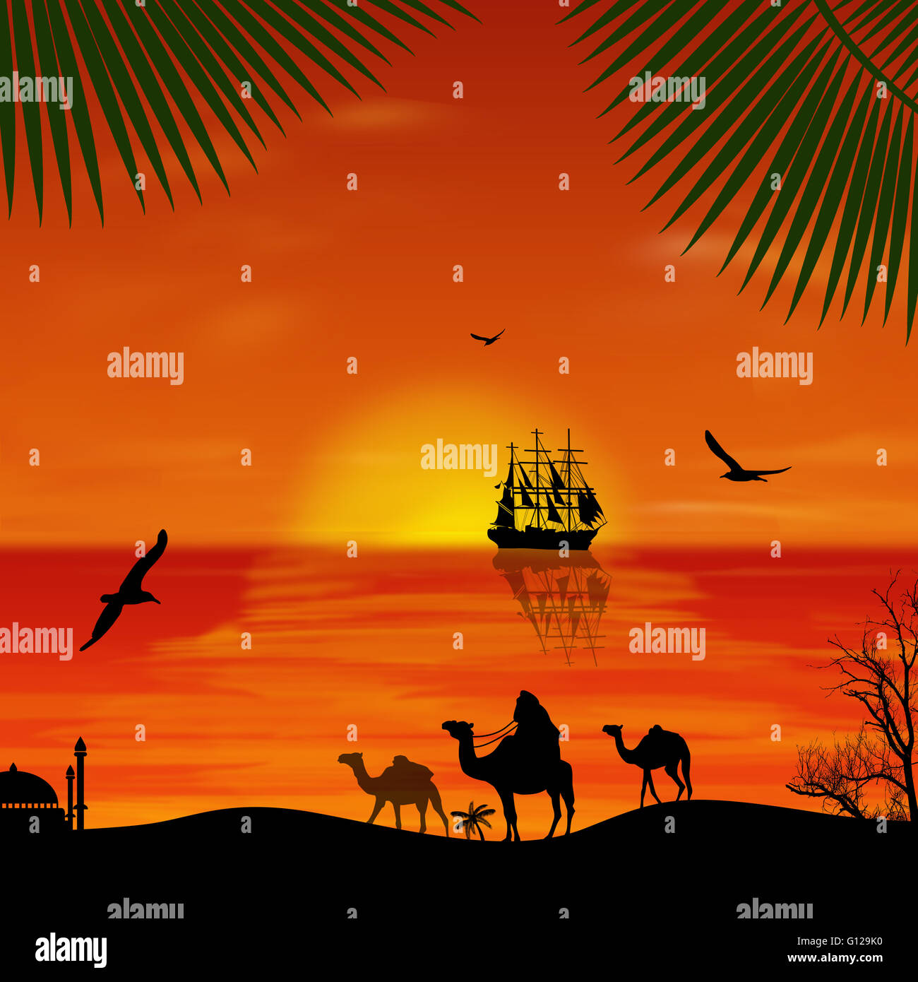Camel caravan at sunset on the beach, vector illustration Stock Photo ...