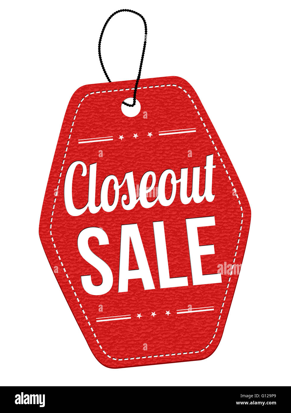 Closeout sale red leather label or price tag on white background ...