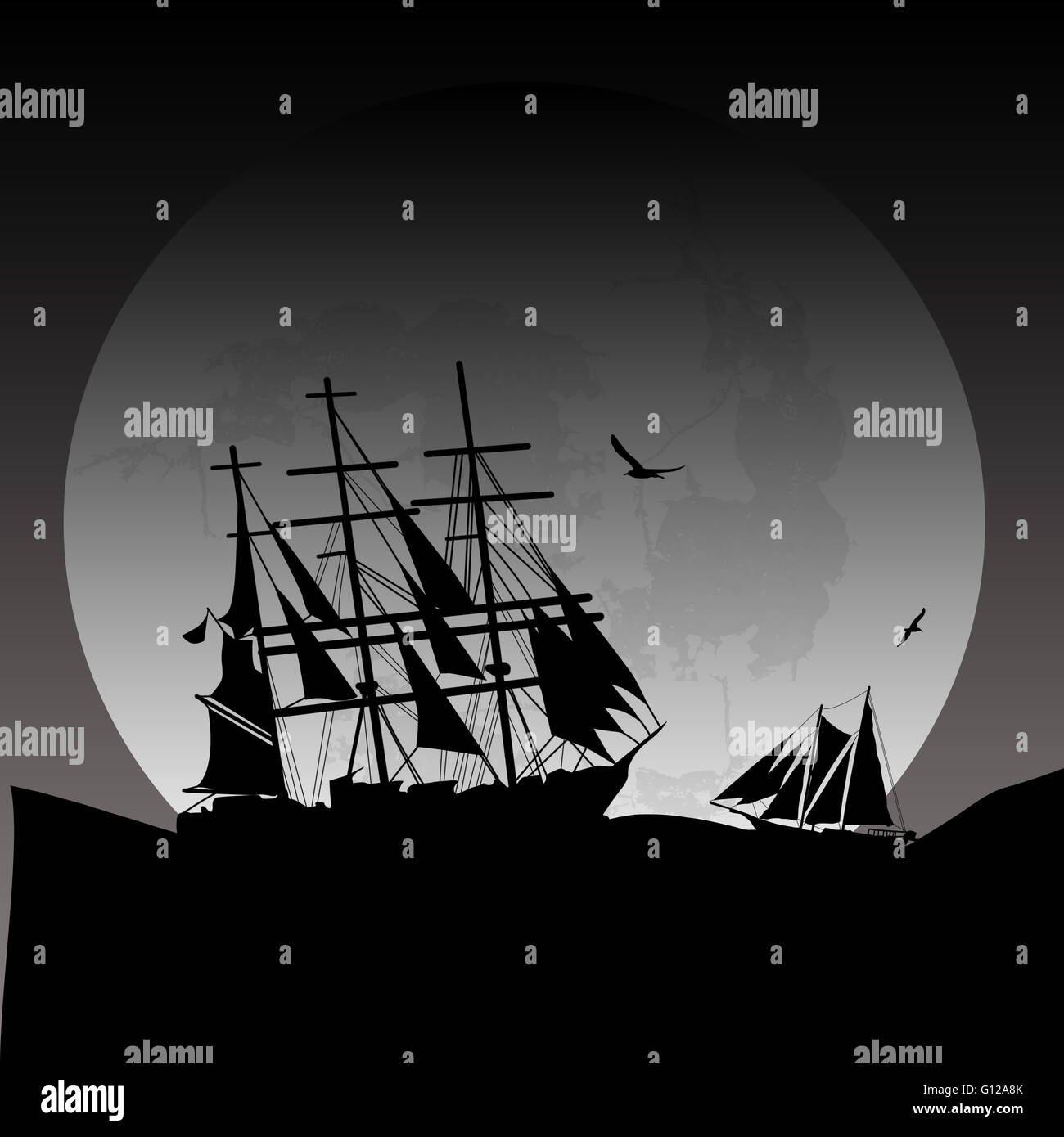 Boat floating on the ocean in front of a very big full moon by grey ...