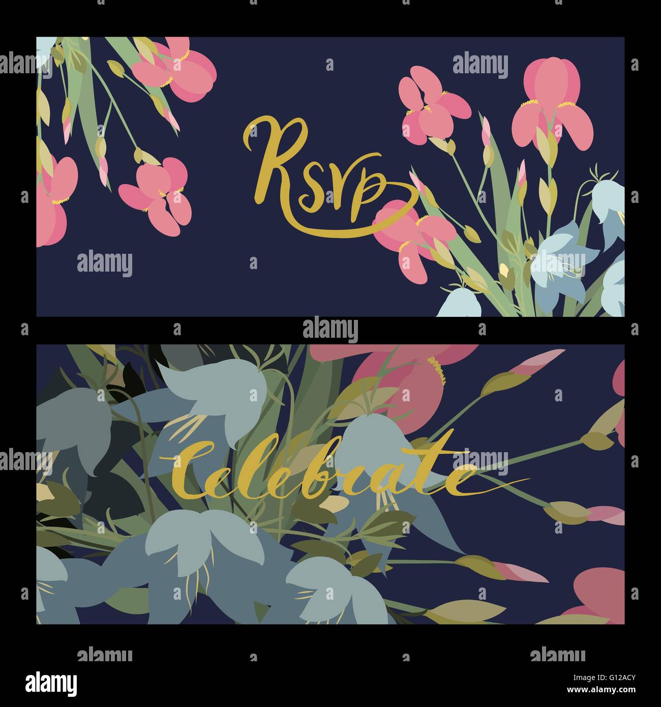 Floral Iris and bell flowers retro vintage background, vector ...