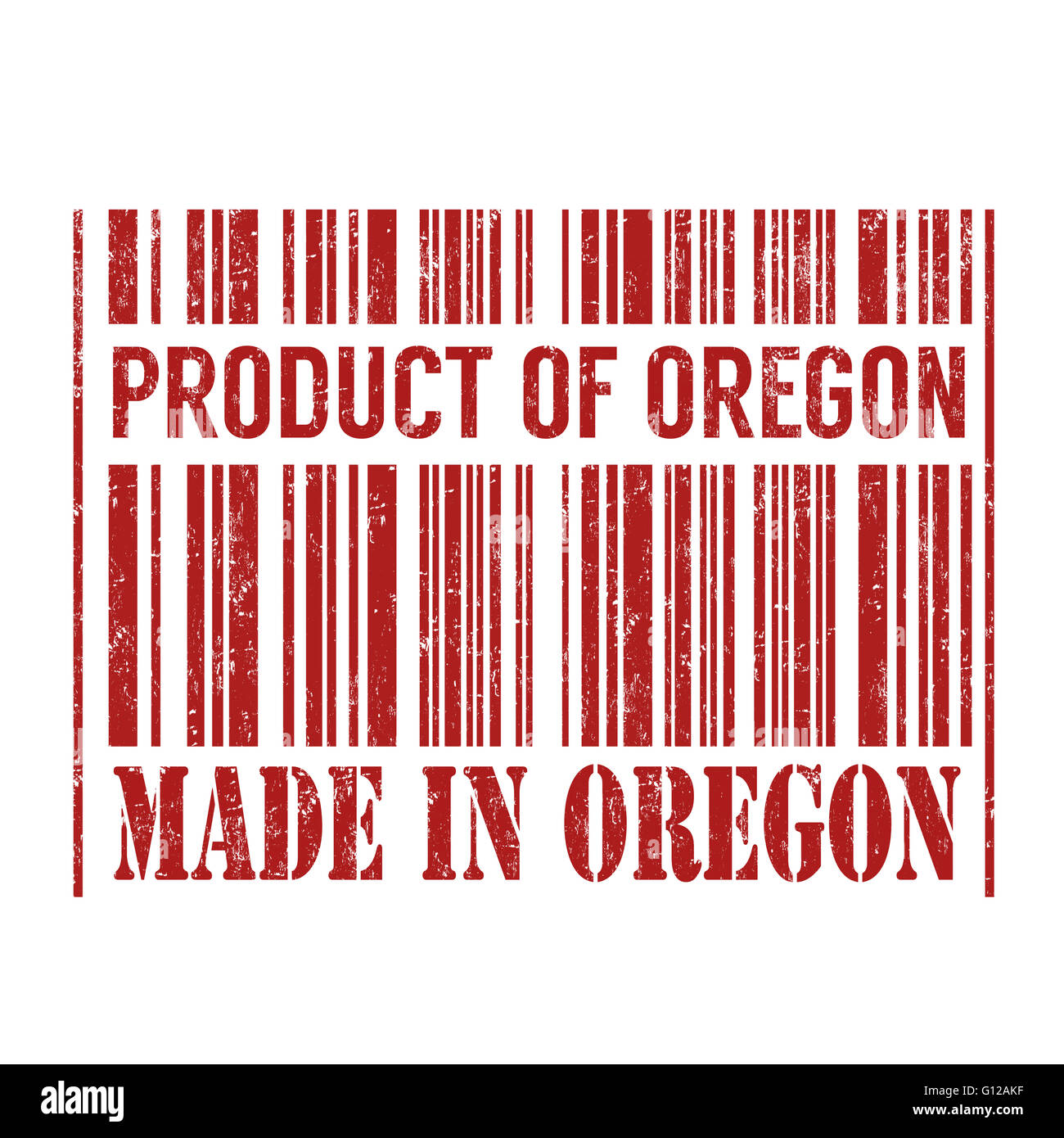 Product of Oregon, made in Oregon barcode grunge rubber stamp on white ...