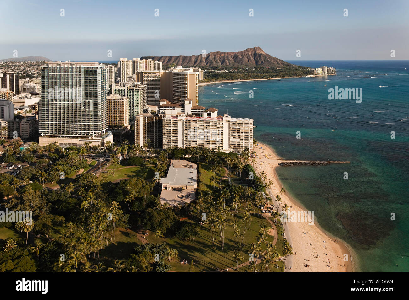 Aerial view of Ala Wai Harbor, Waikiki Beach, Hotels, Diamond Head ...