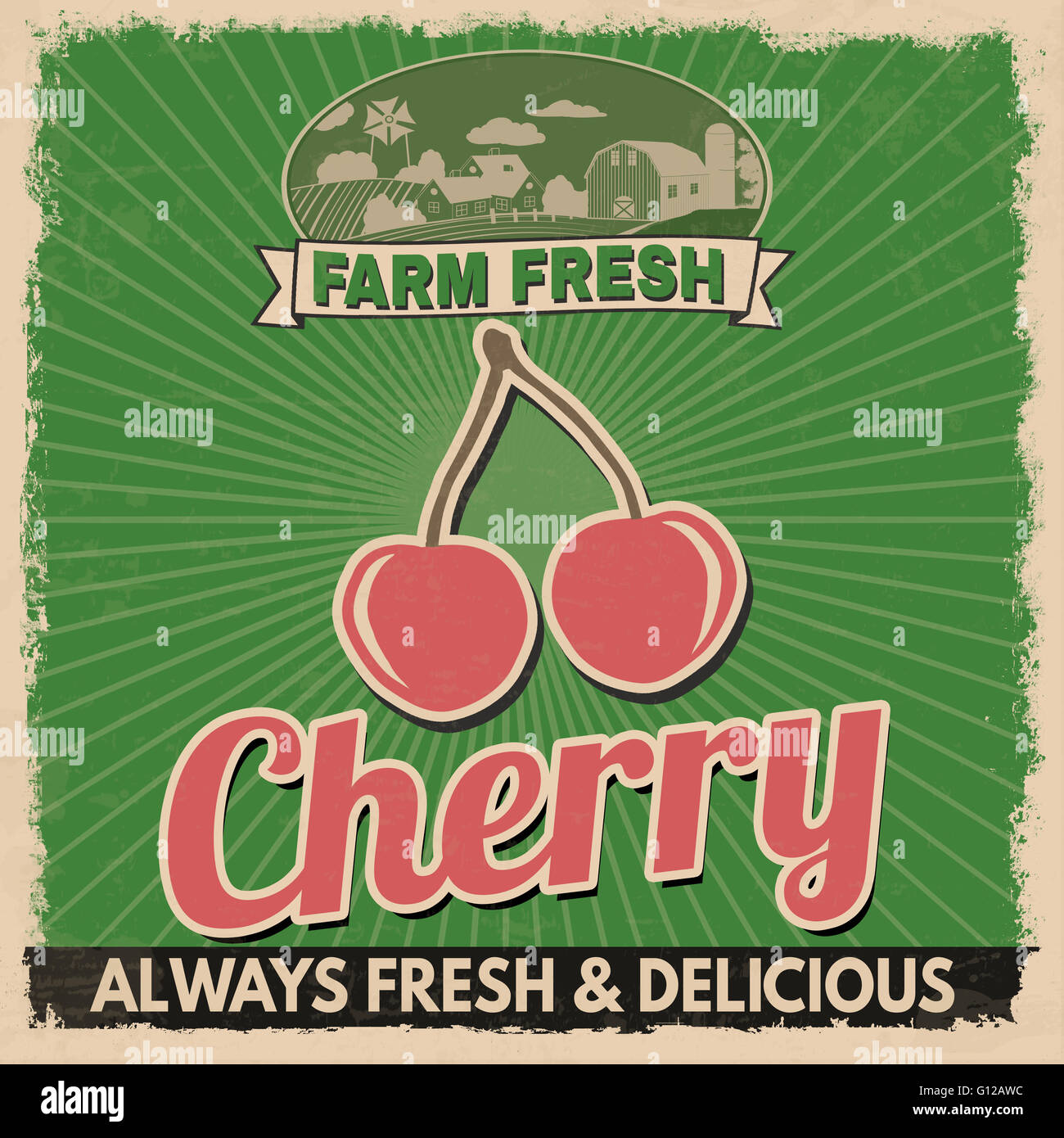 Cherry vintage grunge retro advertising poster, vector illustration ...