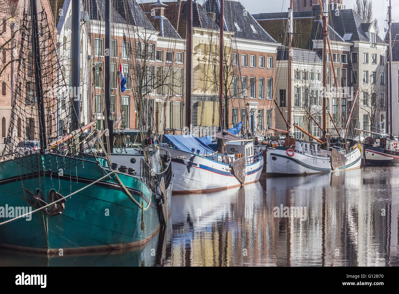 Old ships and warehouses in the center of Groningen, the Netherlands ...