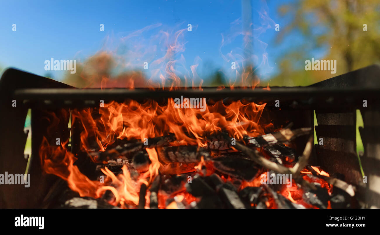 black burned charcoal bbq grid fire natural Stock Photo - Alamy