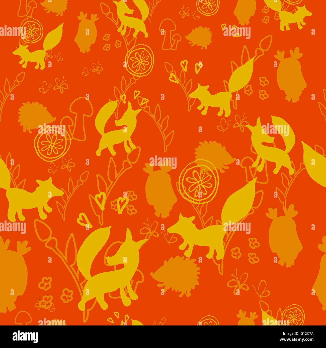 Animal pattern with wild animals. Animals fox, hedgehog, an owl in a ...