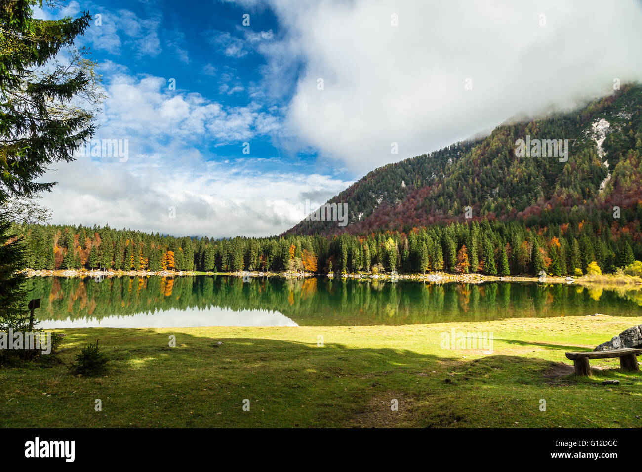 Fall in the italian alps in a misty day Stock Photo - Alamy