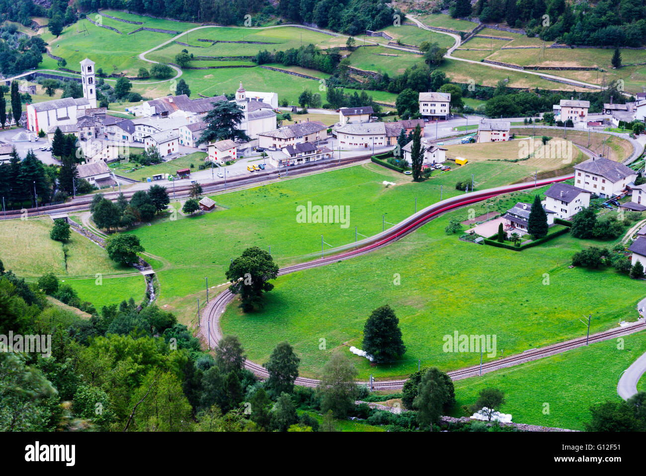 Europe, Switzerland, Graubunden, Val Poschiavo, Brusio, railway train ...