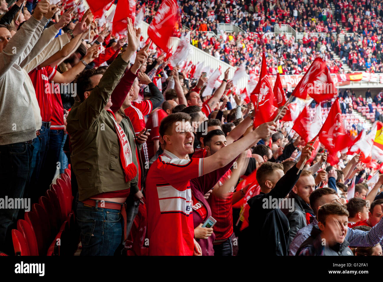 Middlesborough FC Football Fans Waving Flags At The Riverside Stadium ...