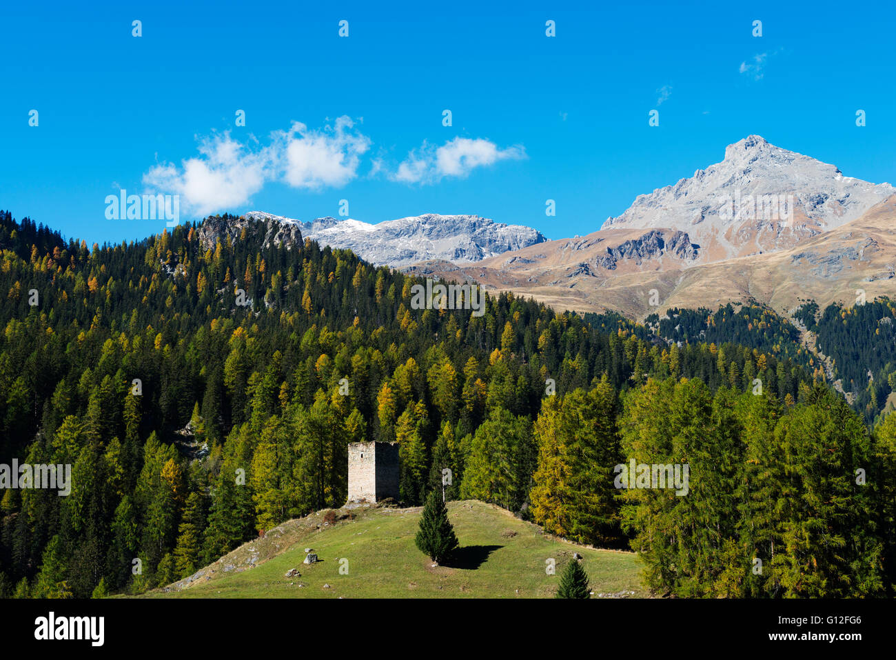 Europe, Switzerland, Graubunden, Engadine, Julia Pass, watchtower among ...