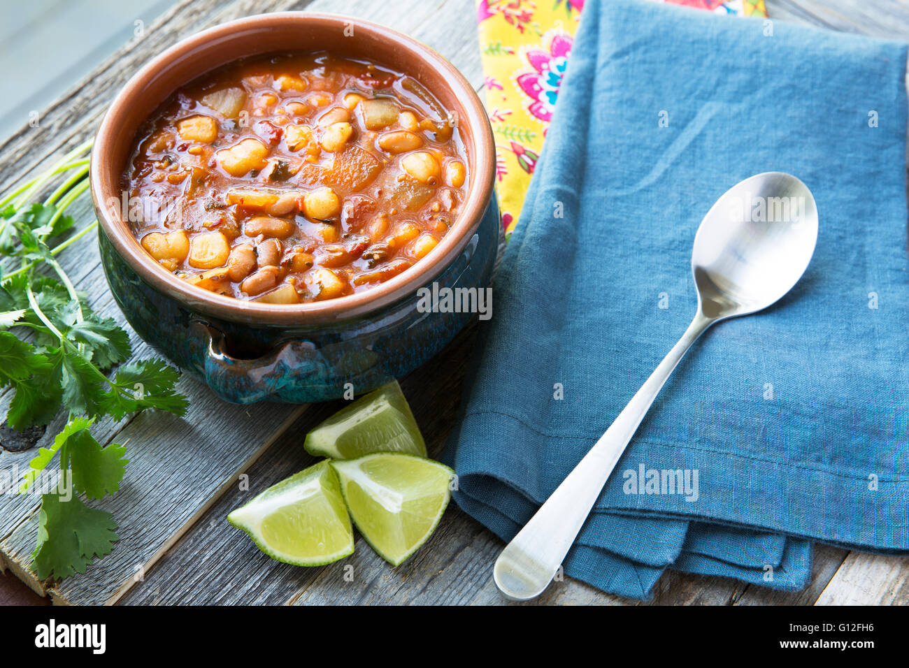 Vegan style mexican posole with hominy and pento beans Stock Photo - Alamy