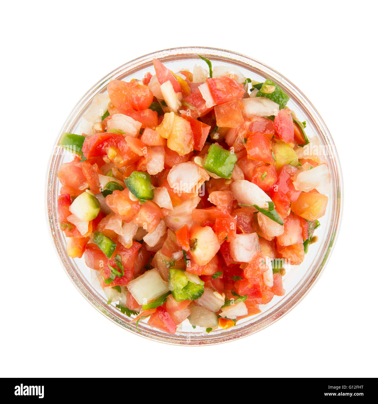 Bowl of fresh pico de gallo isolated on white and viewed from above ...