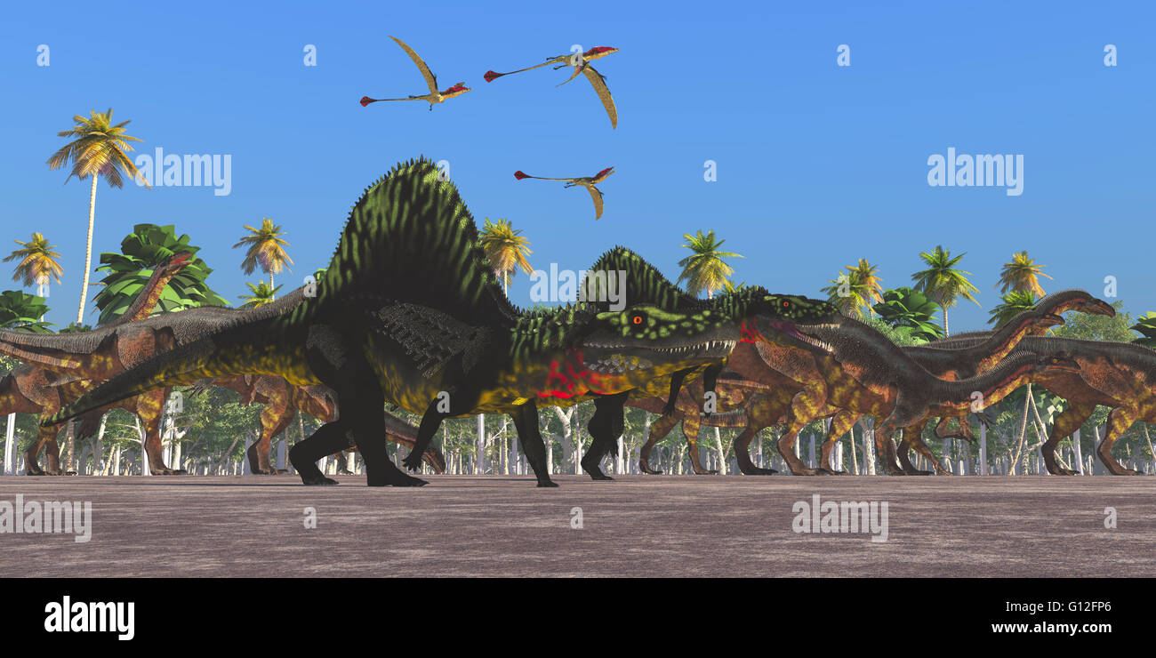 Arizonasaurus dinosaurs and Eudimorphodon flying reptiles follow along ...