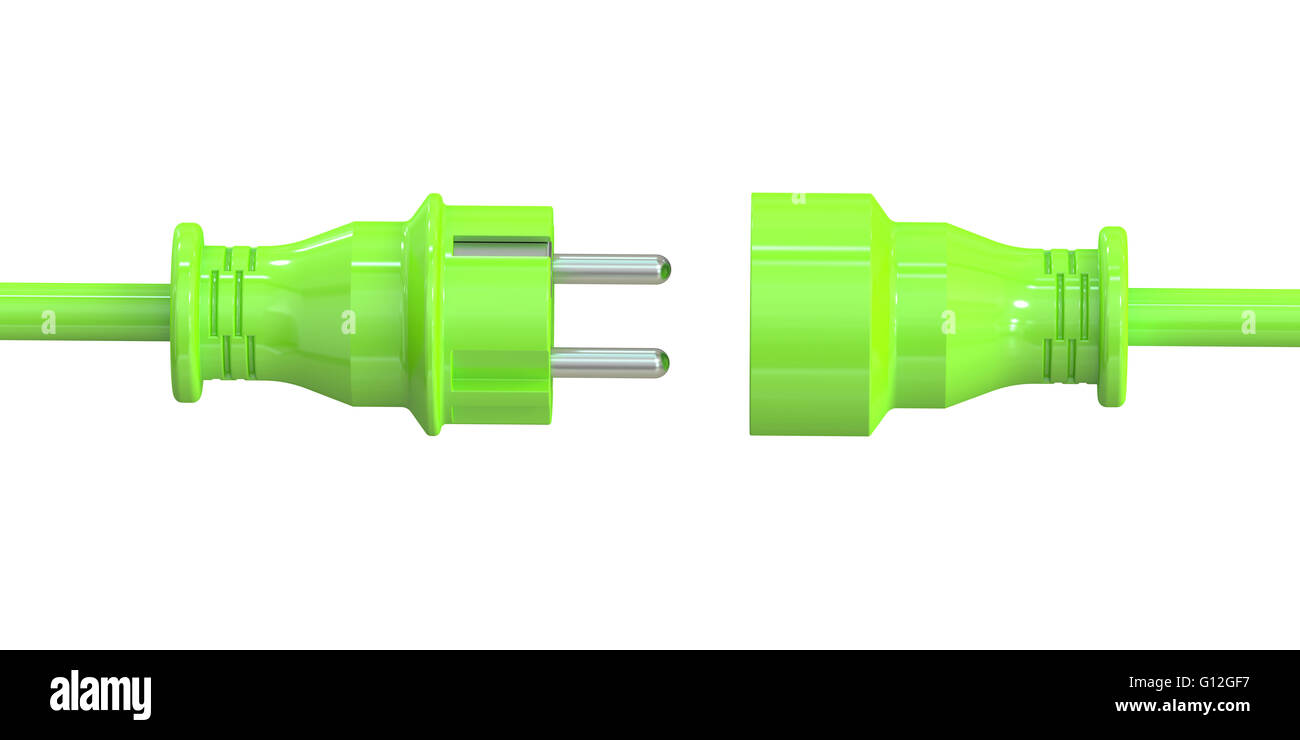 Green electric plug and socket, green energy concept. 3D rendering ...