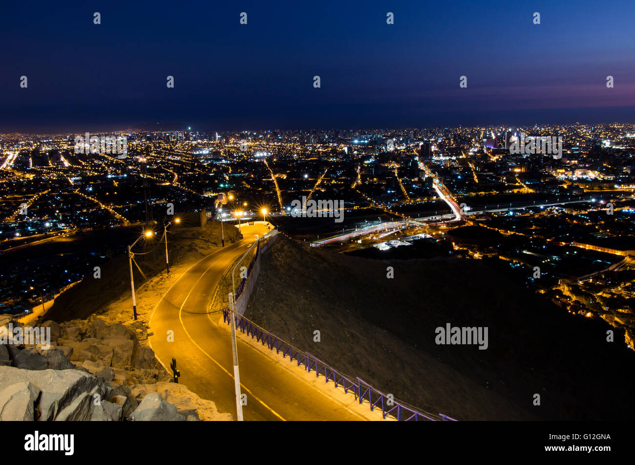 Night view of the city of Lima from the hill of San Cristobal. Peru ...