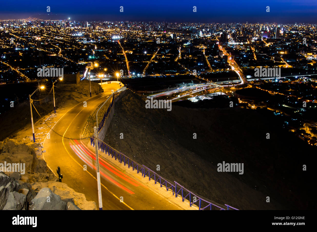 Night view of the city of Lima from the hill of San Cristobal. Peru ...