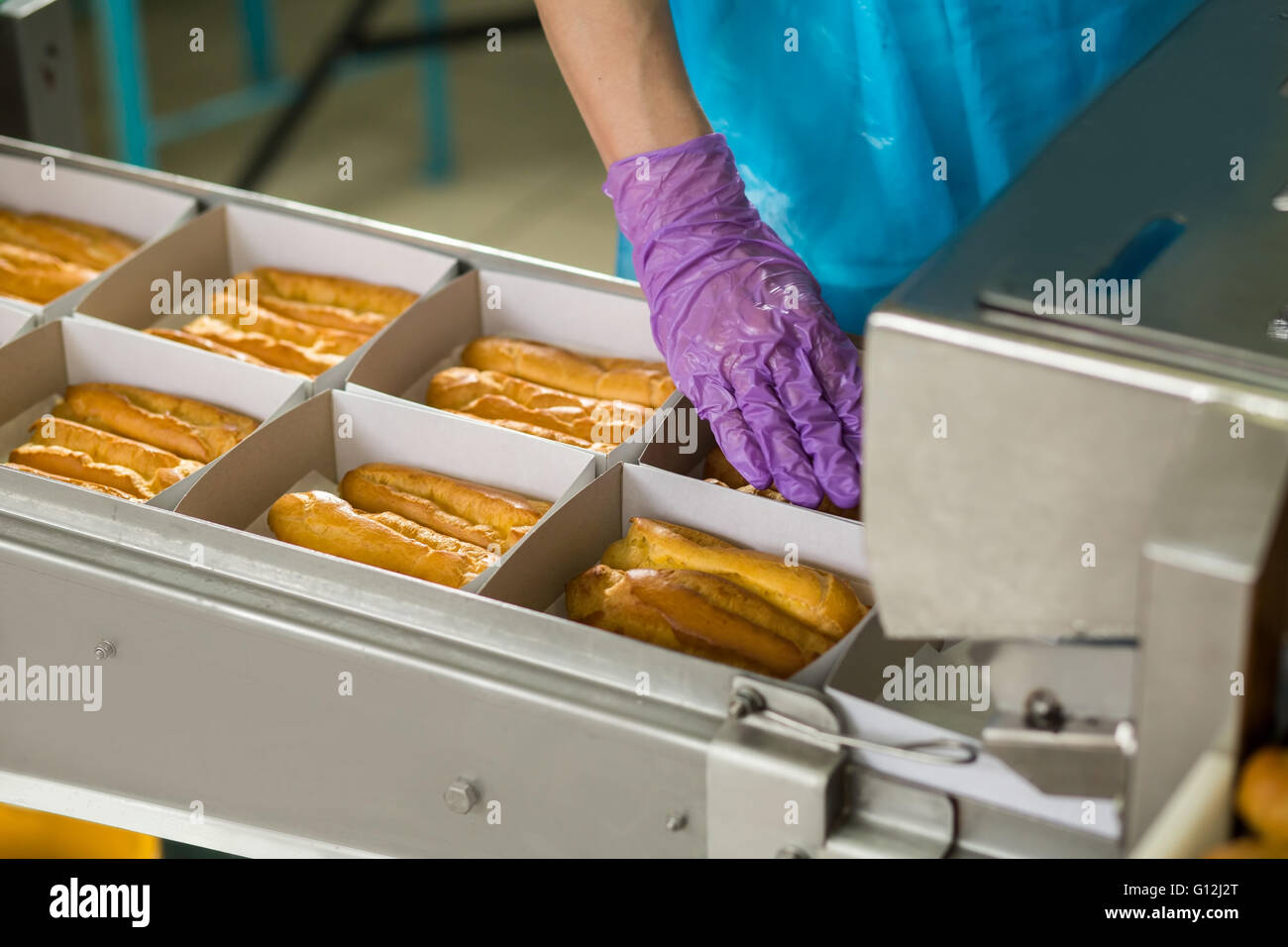 Eclair shell boxes on conveyor Stock Photo - Alamy